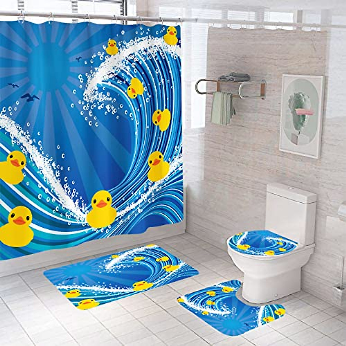 Posienr 4 Piece Cartoon Yellow Duck Shower Curtain Set, Blue Ocean Waves Bathroom Set Includes Non-Slip Carpet, Toilet Seat and U-Pad, Waterproof Shower Curtain with 12 Hooks for Bathroom Decor