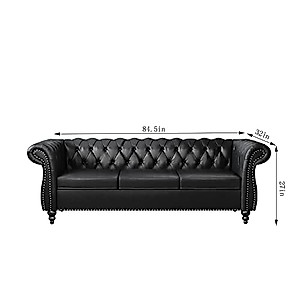AVZEAR Leather Sofa 3 Seater Couch, Large Sofa Furniture Roll Arm Classic Tufted Chesterfield Settee Leather Sofa with Channel Tufted Seat Back for Living Room, Black PU