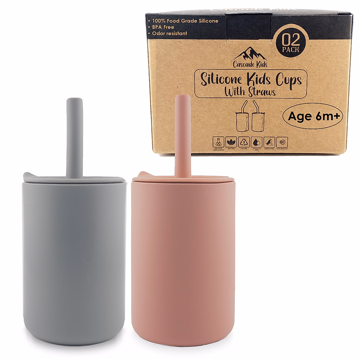 Cascade Kids Silicone Kids Cups with Straws - Set of 2, Unbreakable Training Cup with Straw for Babies and Toddlers for less mess, BPA-Free Silicone Baby cup, 6+ Month, 6oz, (Rose Pink/Stone Grey)