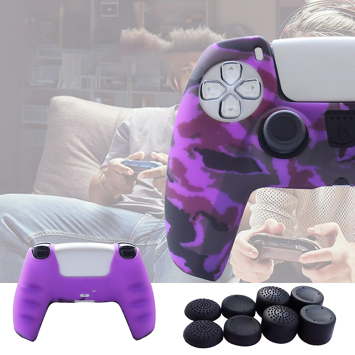 PS5 Controller Skin-Hikfly Silicone Cover for PS5 Controller Grips,Non-Slip Cover for PlayStation 5 Controller- 2 x Skin with 8 x Thumb Grip Caps(Purple,Grey)