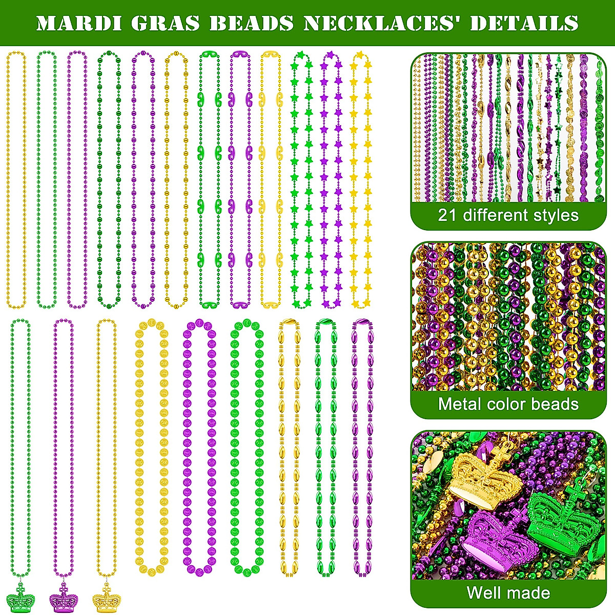 500PCS Mardi Gras Beads Throws, Bulks Green Purple Gold Metallic Mardi Gras Beads Necklaces Accessories Bulks, Mardi Gras Beads Necklace Costumes for Parade Throws Party Decorations Favor Supplies