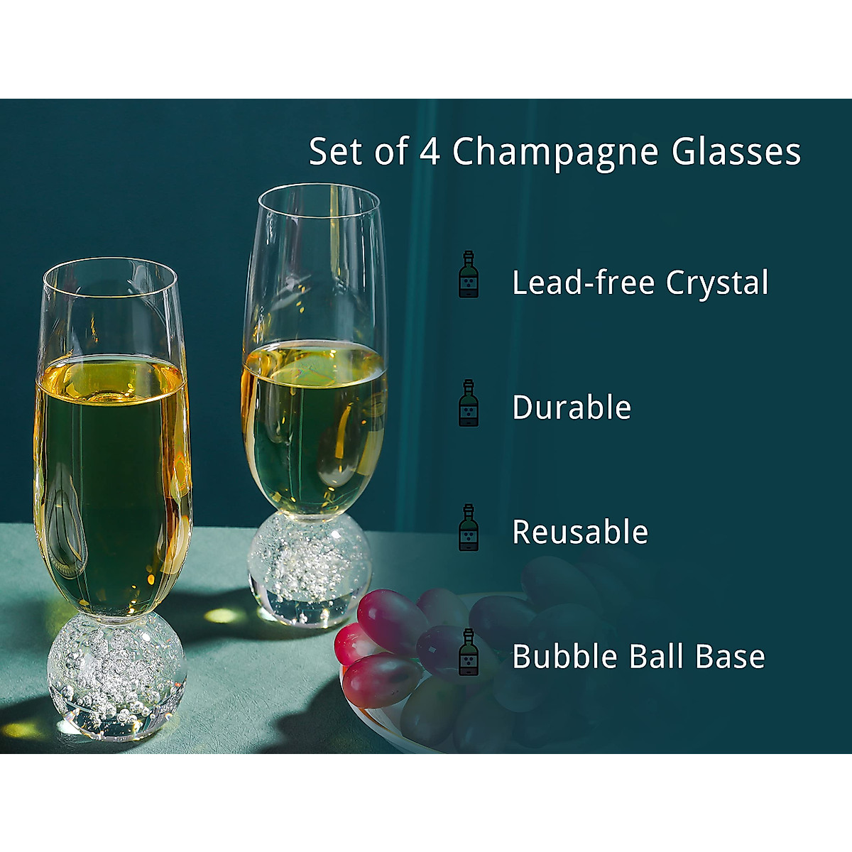 Hanjue Lead-free Crystal Champagne Glasses Set of 4, 7 Oz Clear Champagne Flutes, Ideal for Gifts, Parties,Wedding,Christmas - Durable and Reusable Bar Glassware (bubble ball)