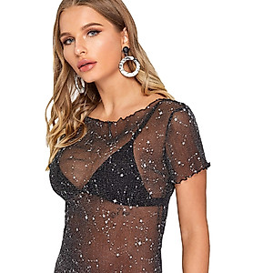 Floerns Women's Sheer Mesh See Through Glitter Swimsuit Cover Up Black L