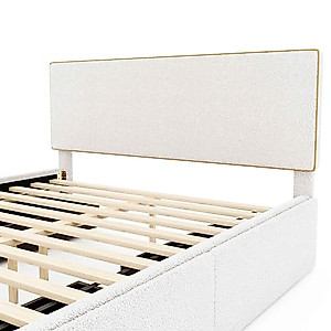 ATY Upholstered Queen Size Bed with 4 Drawers and Headboard, Wood Platform Bedfrme w/Footboard & Storage, Save Space for Bedroom, Livingroom, Guestroom, No Spring Needed Required, White