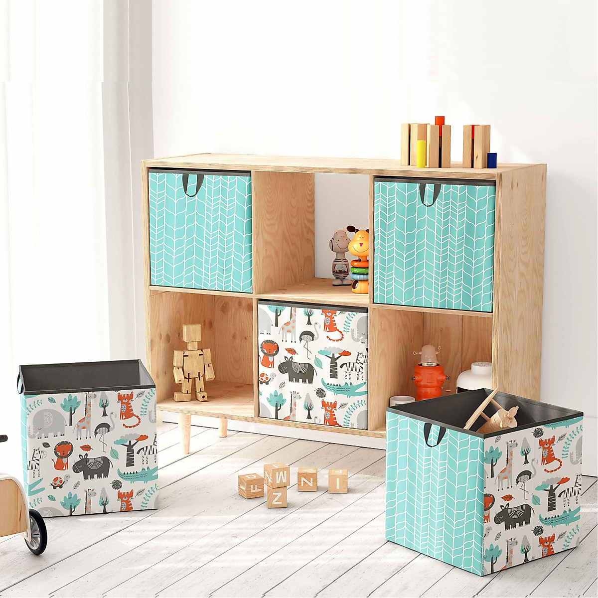 Bacati - Small Storage Tote Safari Animals Aqua/Orange/Gray Boys 10 x 10 x 10 inches