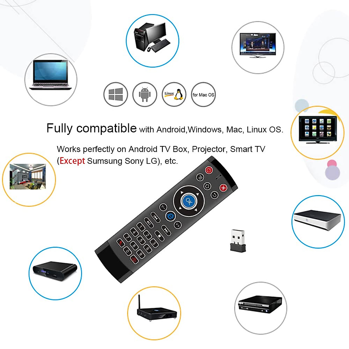 oFourSmart 2.4G Wireless Remote Controller with Nano USB Receiver Supports IR Learning Function Perfect for Android TV Box IPTV Mini PC Smart TV Projector
