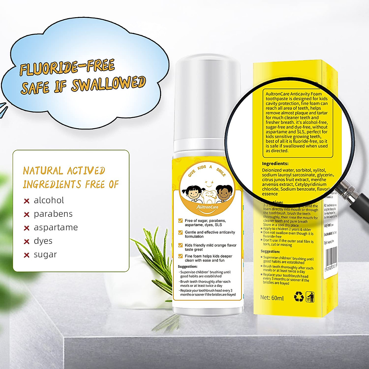 AUITRONCARE 2Pack Kids Toothbrush Electric and Foam Toothpaste Kids,Toddler Electric Toothbrush Ultrasonic Toothbrush with 3 Brushing Heads and Cup