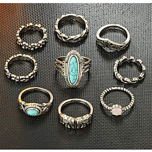Cathercing 9 Pcs Turquoise Ring Set for Women Knuckle Vintage Rings Pack for Women Bohemian Rings Silver Joint Knot Rings Set Halloween Party Daily Gift (style 3)