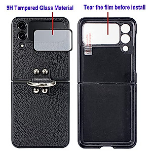 Vitodo for Galaxy Z Flip 4 Case with Ring Holder, Genuine Leather Material Built-in Back Screen Protector Shockproof Protective Phone Cover Slim fit for Samsung Galaxy Z Flip4 5g (2022) - Black