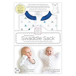 SwaddleDesigns Transitional Swaddle Sack, Arms Up Half-Length Sleeves & Mitten Cuffs, Swaddle for Newborn Transition to Baby Sleep Sack Wearable Blanket, Small, 0-3 month, 6-14 lb, Blue Tiny Triangles