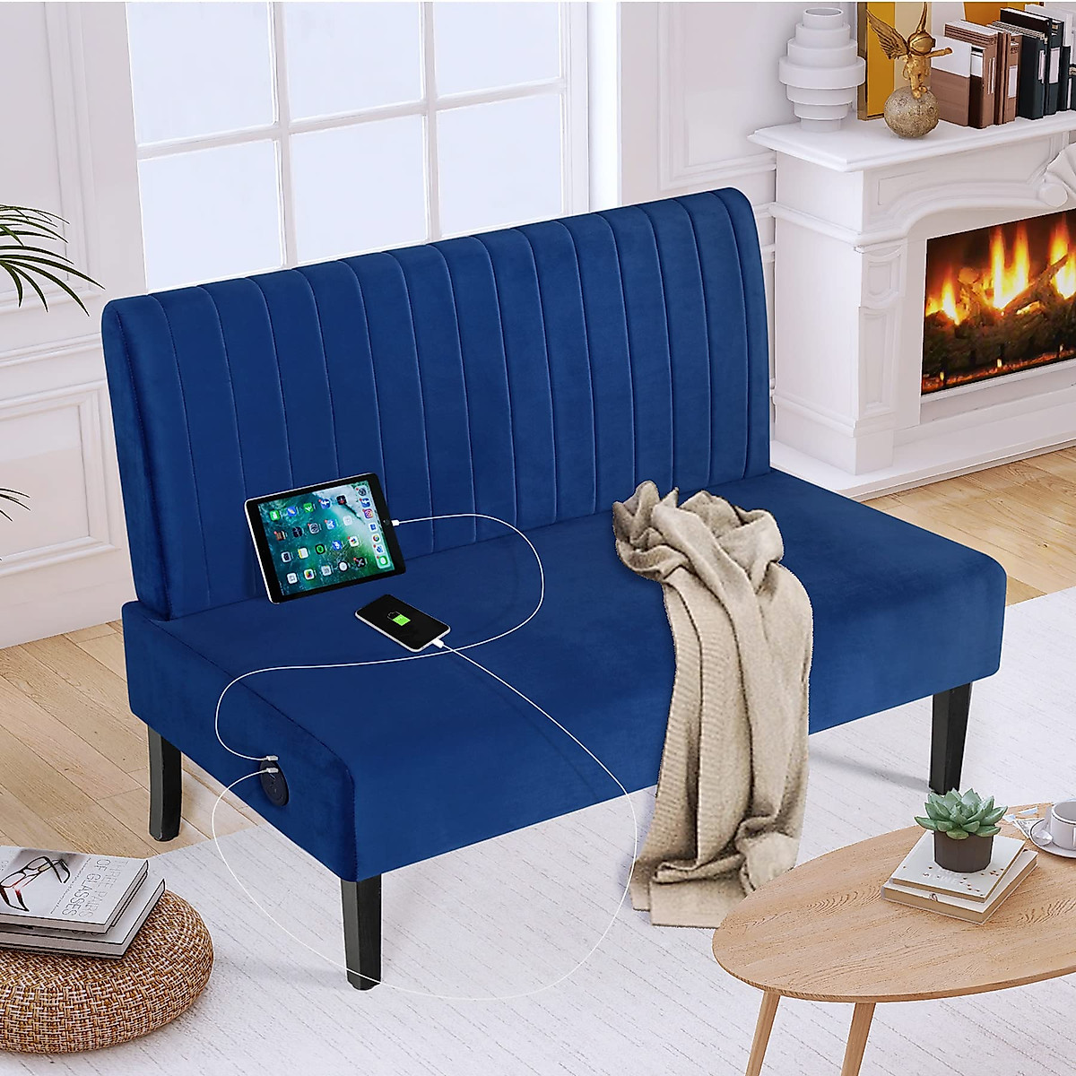 STHOUYN Mini Small Comfy Couch Armless Loveseat Sofa for Bedroom with USB Port, Velvet Small Couches for Small Spaces Living Room, Apartment Office Dorm (Navy Blue)