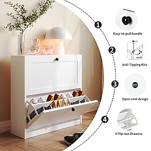 VOWNER Shoe Cabinet with 2 Flip Drawers, Freestanding Shoe Storage Cabinet with Adjustable Shelf & Anti-Tipping Device, Shoe Rack for Entryway, Hallway, Living Room (White)