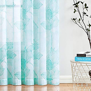 Treatmentex White Blue Print Sheer Window Curtains for Living Room Bedroom Floral Botanical 96 inches Long Soft Chiffon Drapes for Summer Semi Sheer Curtains 2 Panels Rod Pocket Aqua
