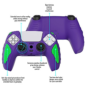 PlayVital Knight Edition Neon Genesis Purple & Green Two Tone Anti-Slip Silicone Cover Skin for ps5 Controller, Soft Rubber Case for ps5 Wireless Controller with Thumb Grip Caps