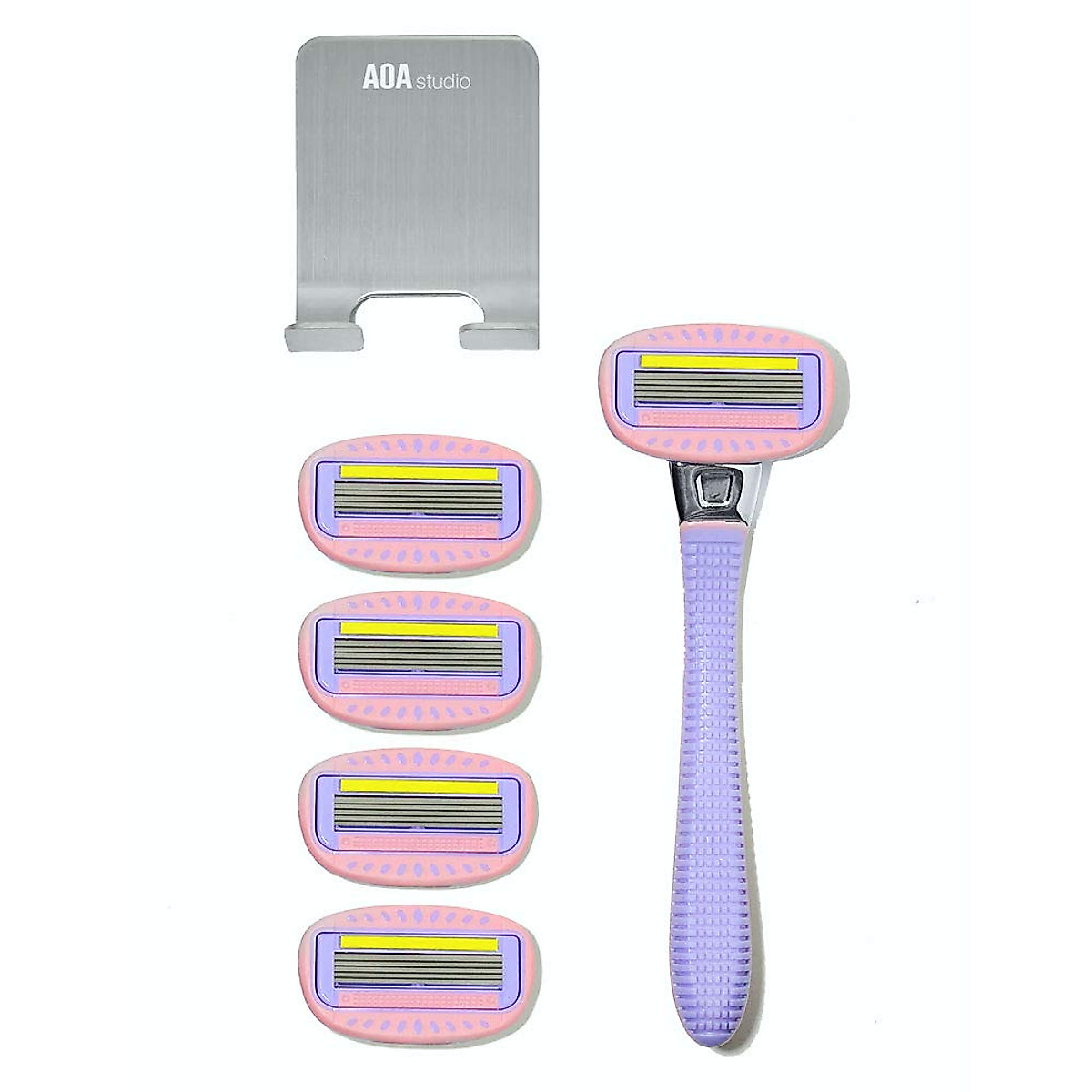 AOA Studio Women's 5-Blade 7pc Kit Including 1pc Handle 5pcs Five-Blade Heads from Swedish1pcs Stainless Steel Shower Hook Hydrating Aloe and Vitamin E Strip Cleanest, Closest, Comfortable Shave