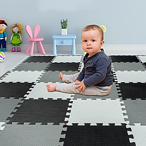 Yostrong 18 Tiles Interlocking Puzzle Foam Baby Play Mat with Straight Edges for Playing - EVA Babies Crawling Mat | Rubber Floor Work Out Mats for Home Gym. White, Black, Gray. YOC-ADLb18S18