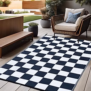 RURALITY Outdoor Rug 5x8 for Patios Clearance,Waterproof Indoor Outdoor Mats for Camping,Beach,RV,Porch,Picnic,Reversible,Black and White,Check