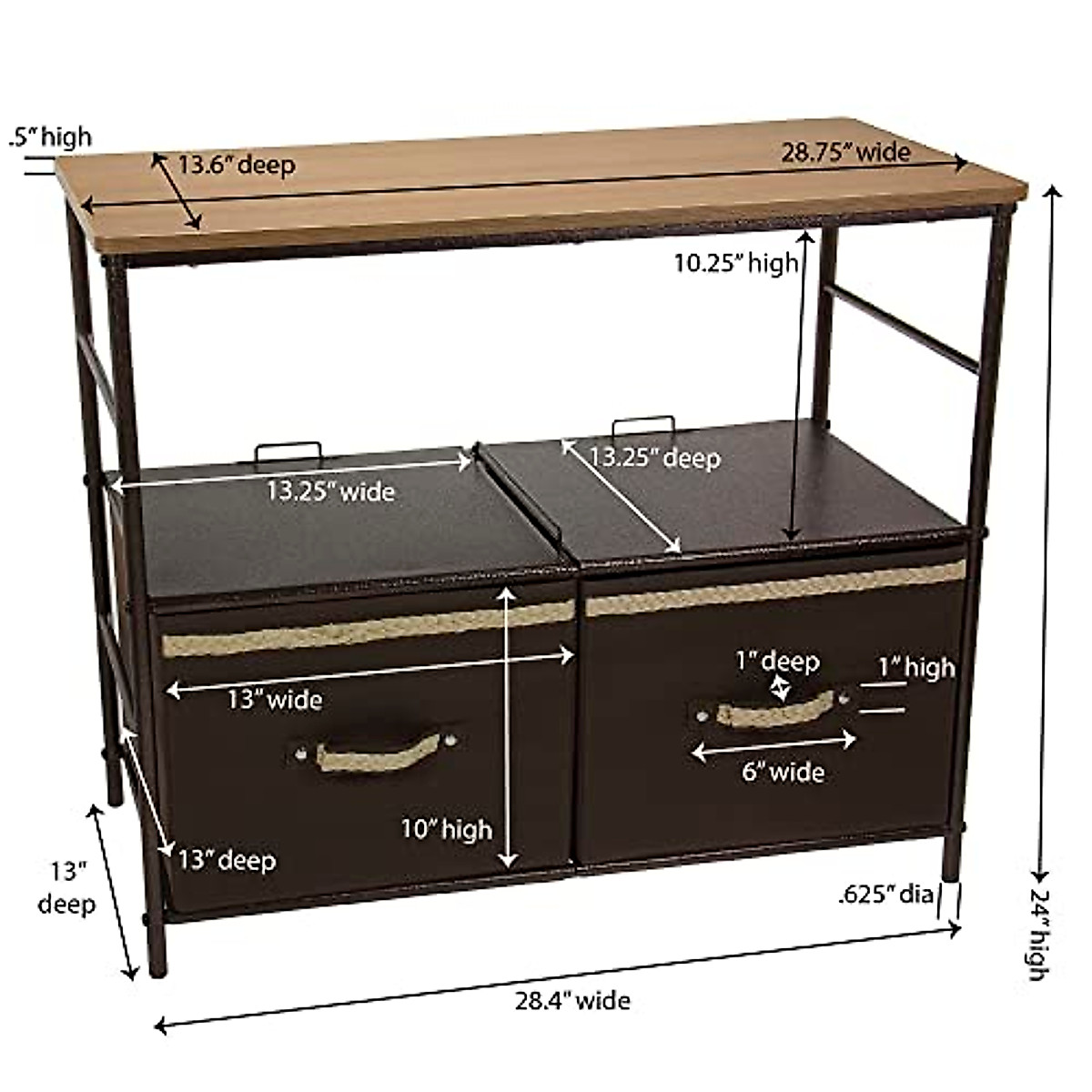 Household Essentials 2-Tier Storage Chest of Drawers Bronze Frame Wood Grain Top and 4 Brown Storage Bins with Natural Jute Trim