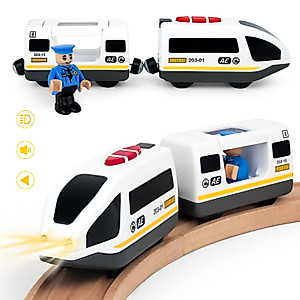 Wood City Battery Operated Train for Wooden Train Track, Electric Locomotive Train Set with Powerful Engine Compatible with Thomas, Brio, Chuggington, Bullet Train Toys for Toddlers 3 4 5 Year Olds