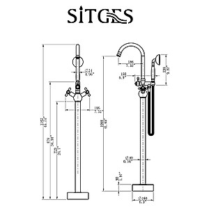 SITGES Solid Brass Freestanding Bathtub Faucet, Bathroom Floor Mount Tub Filler, Dual Function Double Cross Handle with Ceramic Hand Shower, Brushed Gold