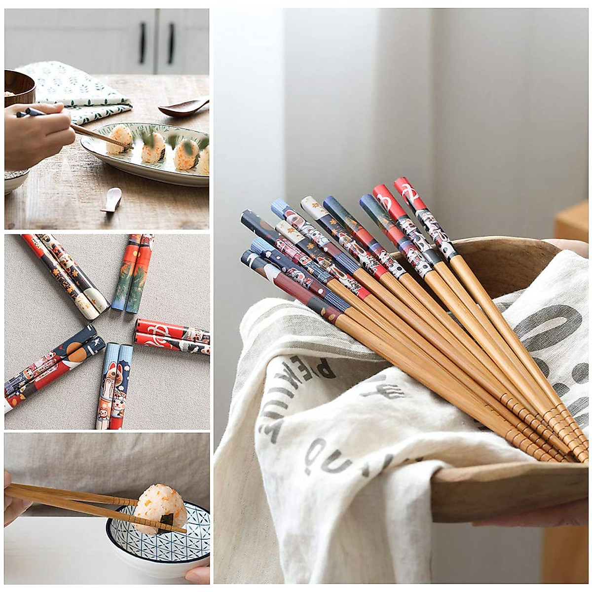 5 Pairs Chopsticks and Chopstick Rest Set, Cute Lucky Cat Chopsticks Holder 5 Cats, Classic Japanese Style Bamboo Natural Reusable Chopsticks, Dishwasher - Safe, Chopsticks Holder Gift Set (Lucky Cat)