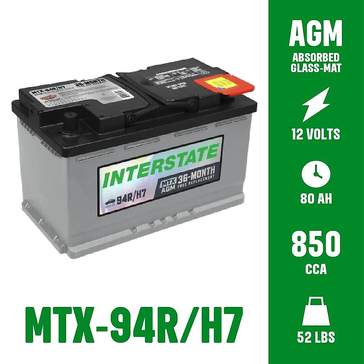 Interstate Batteries Automotive Battery 12V 80Ah (Group Size H7, 94R) 850CCA SLI AGM Automobile Replacement Battery for Cars, SUVs, Sedans, Trucks (MTX-94R/H7)