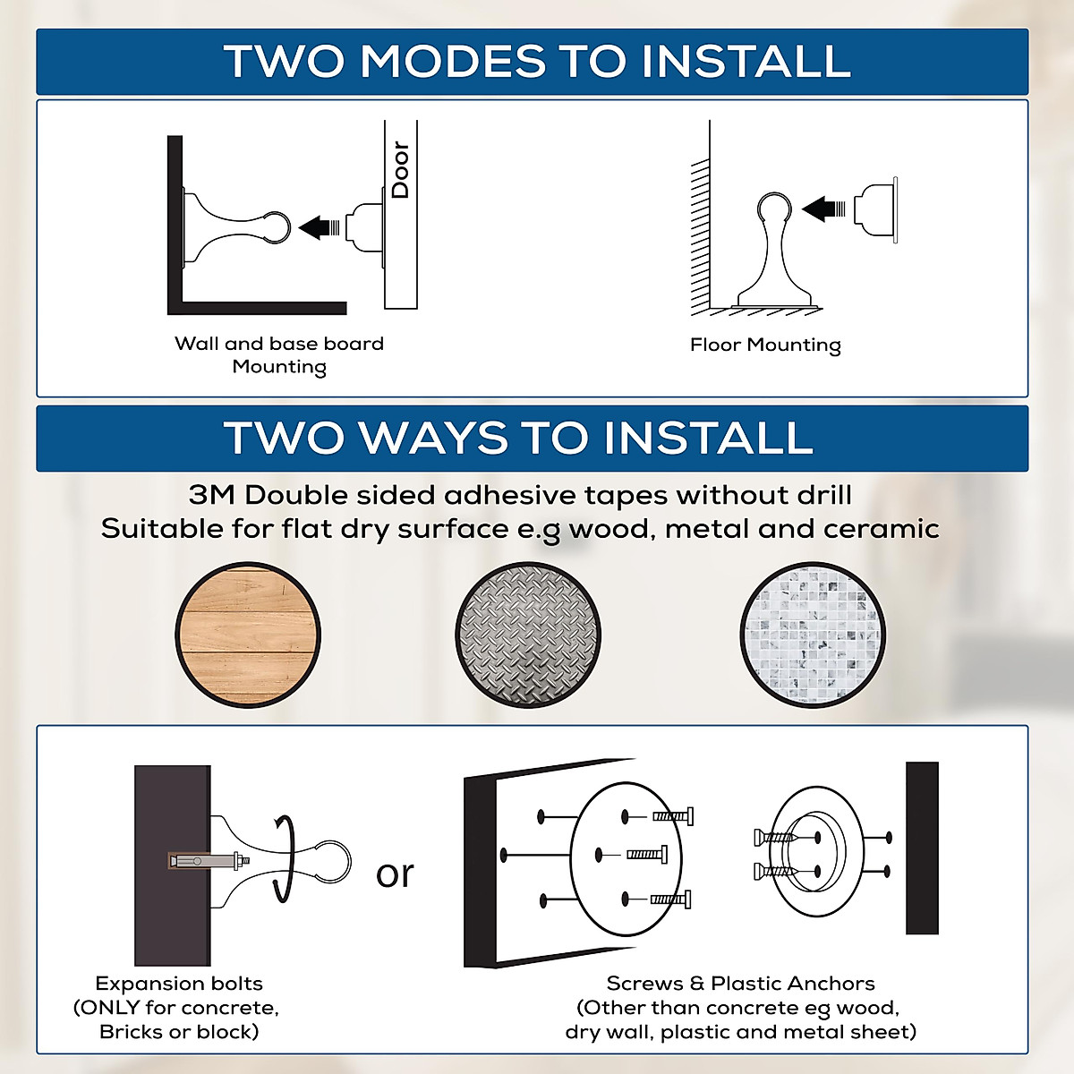 OmHome Magnetic Door Stop Silver Pack of 1 Soft-Magnetic Door Catch, Magnetic Door Stoppers for Bottom of Door, Practical, and No-Drill Solution with 3M Self Adhesive Pads to Hold Wide Doors Securely