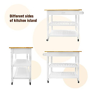 Unovivy Kitchen Island on Wheels, 3 Tier Kitchen Cart with Storage Drawer, 2 Shelves & Towel Rack, Rolling Kitchen Island with Wood Tabletop, Simple Design Mobile Island Table for Kitchen, White