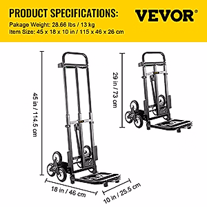 VEVOR Stair Climbing Cart, Portable Folding Trolley with 8 Wheels, 460 Lb Capacity Stair Climber Hand Truck with Adjustable Handle for Pulling, All Terrain Heavy Duty Dolly Cart for Stairs, Black