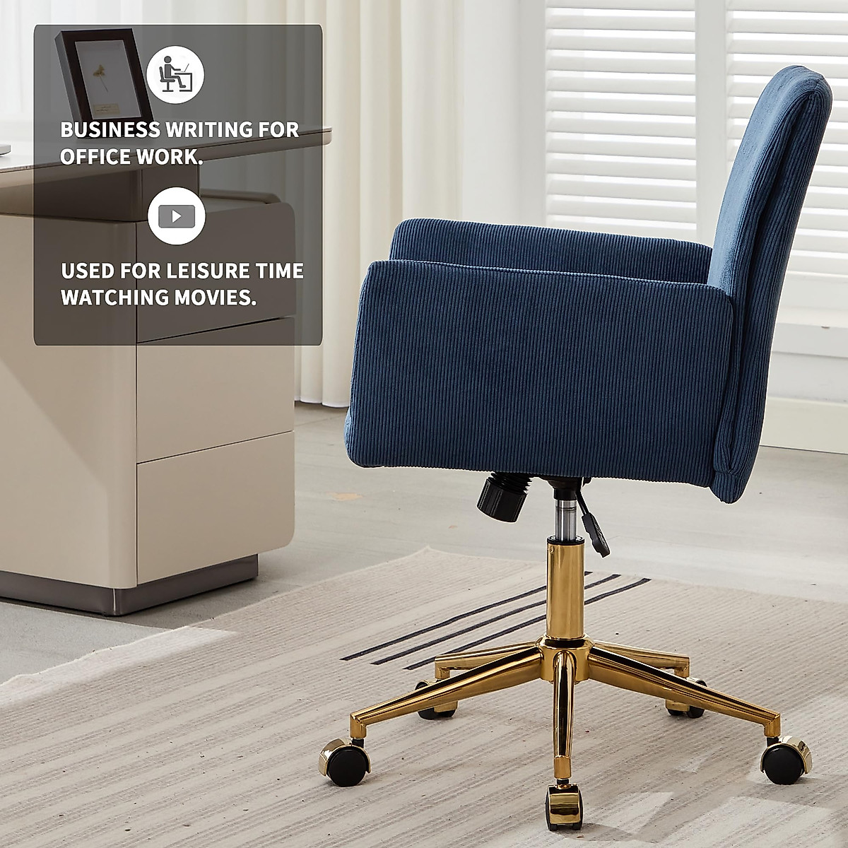 Stripes Velvet Home Office Desk Chair Accent Upholstered Modern Height Adjustable 360° Armchairs with Gold Base for Women Girls Ergonomic Study Seat Computer Task Stools for Living Room（Navy Blue）