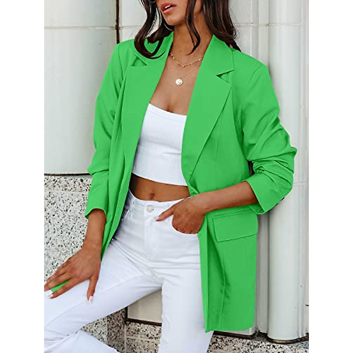 ANRABESS Women's Casual Button Long Sleeve Lapel Open Front Pad Shoulder Oversized Office Blazer Jacket Work Suit 638lvse-M Green