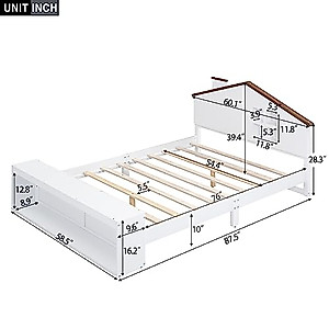 HoRunzelin Modern Full Size Pine Wood House Shaped Headboard Platform Bed with Storage Cabinet and LED Lights for Kids Boys Girls Teens,White