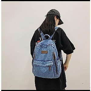 JHTPSLR Preppy Backpack Denim Backpack Casual Vintage Aesthetic Backpack Cowboy Backpack Daypack Book Bags Backpack Supplies (Light Blue)