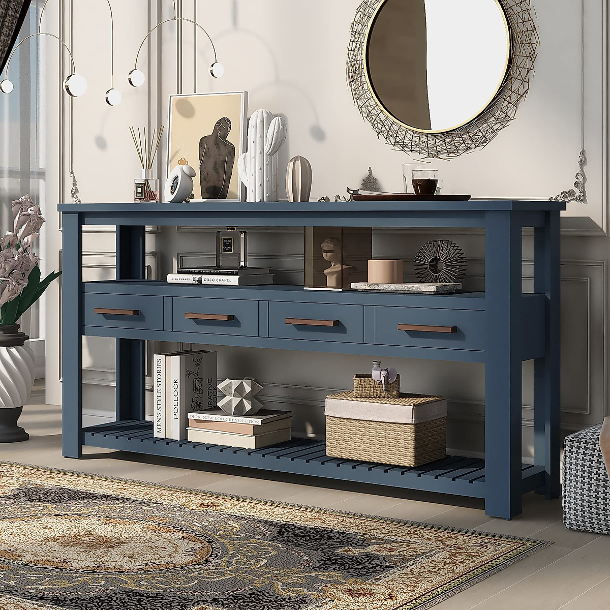 HZXINKEDZSW Vintage Multifunction Console Table,62.2'' Modern Sofa Table with 4 Drawers and 2 Storage Shelves,Wooden Buffet Sideboard for Hallway,Entryway,Bedroom,Living Room (Navy Blue+ 4 Drawers)