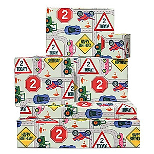CENTRAL 23 Colorful Wrapping Paper for Kids - 6 Sheets of Gift Wrap with Tags - Age Two - 2nd Birthday Wrapping Paper for Boys - Car Tractor Motorcycle - Cones Road Signs - Son Grandson
