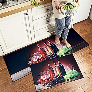 DOZARMOTA Red Wine Kitchen Rug 2 Piece Set, 3D Wine Kitchen Rugs and Mats Non Skid Washable for Floor Anti-Fatigue Kitchen Mat, Wine Glass Kitchen Decor Mat 17"x47"+17"x30"