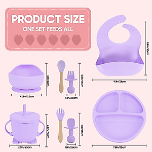 Silicone Baby Feeding Set, Baby Led Weaning Supplies with Suction Bowl Divided Plate, Self Feeding Spoons Forks Sippy Cup Adjustable Bib, Eating Utensils for 6+ Months (Grey Purple)