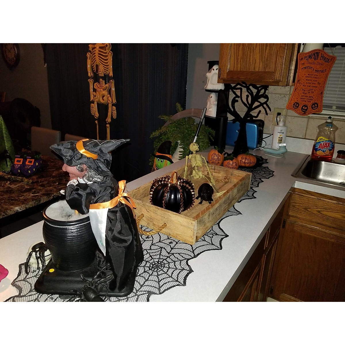 Orgrimmar 35 PCS Halloween Decorations Set Include Lace Spider Web Table Runner, Round Lace Table Cover, Fireplace Scarf Cover and 32 Pieces 3D Bats Wall Sticker Decal