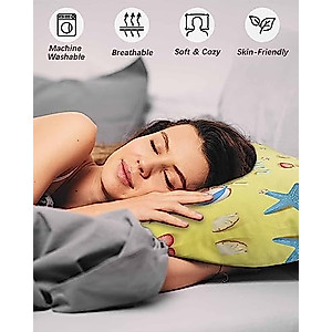 Edwiinsa Summer Beach Party Pillow Covers Standard Size Set of 2 20x26 Bed Pillow, Tropical Leaves Starfish Seashells Yellow Plush Soft Comfort for Hair/Skin Cooling Pillowcases with Envelop Closure