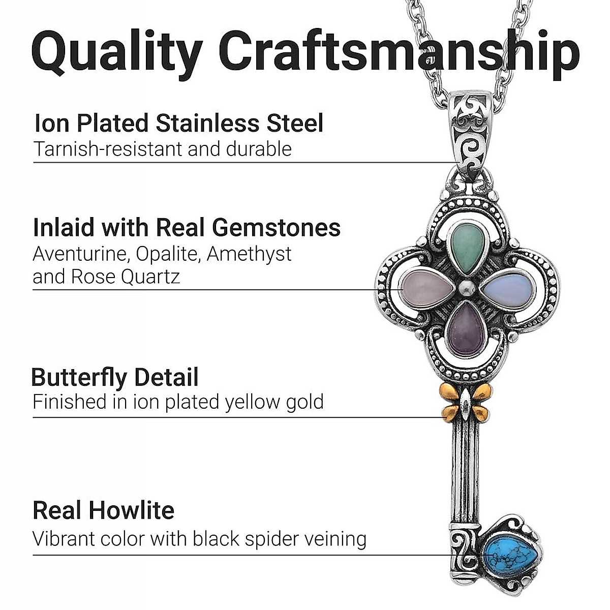 Shop LC Key Necklace ION Plated Stainless Steel & Yellow Gold - Key Pendant with Rose Quartz, Amethyst, Aventurine, Opalite & Howlite Mixed Gemstones - 20" Chain Length Costume Jewelry for Women