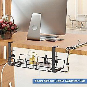 Under Desk Cable Management Tray, No Drill, 15.7'' Under Desk Cord Organizer with Clamp Cable Tray, Metal Under Desk Wire Management Wire Organizer Cord Management Tray for Desk, Classic Black