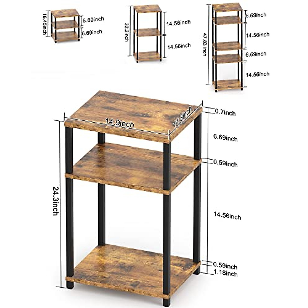 MINOSYS End Table Nightstands Set of 2, 3-Tier Bedside Tables, Nightstand Accent Table for Couch, 5-Tier Shelf Bookcase, Living Room, Bedroom, Rustic Brown and Black, Easy Assembly.