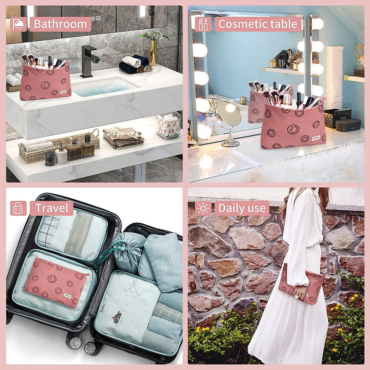 WLLWOO Makeup Bag-2pcs Smile Face Corduroy Cosmetic Bag Zipper Interior Waterproof Pencil Case Coin Purse Travel Toiletry Small Makeup Pouch For Women