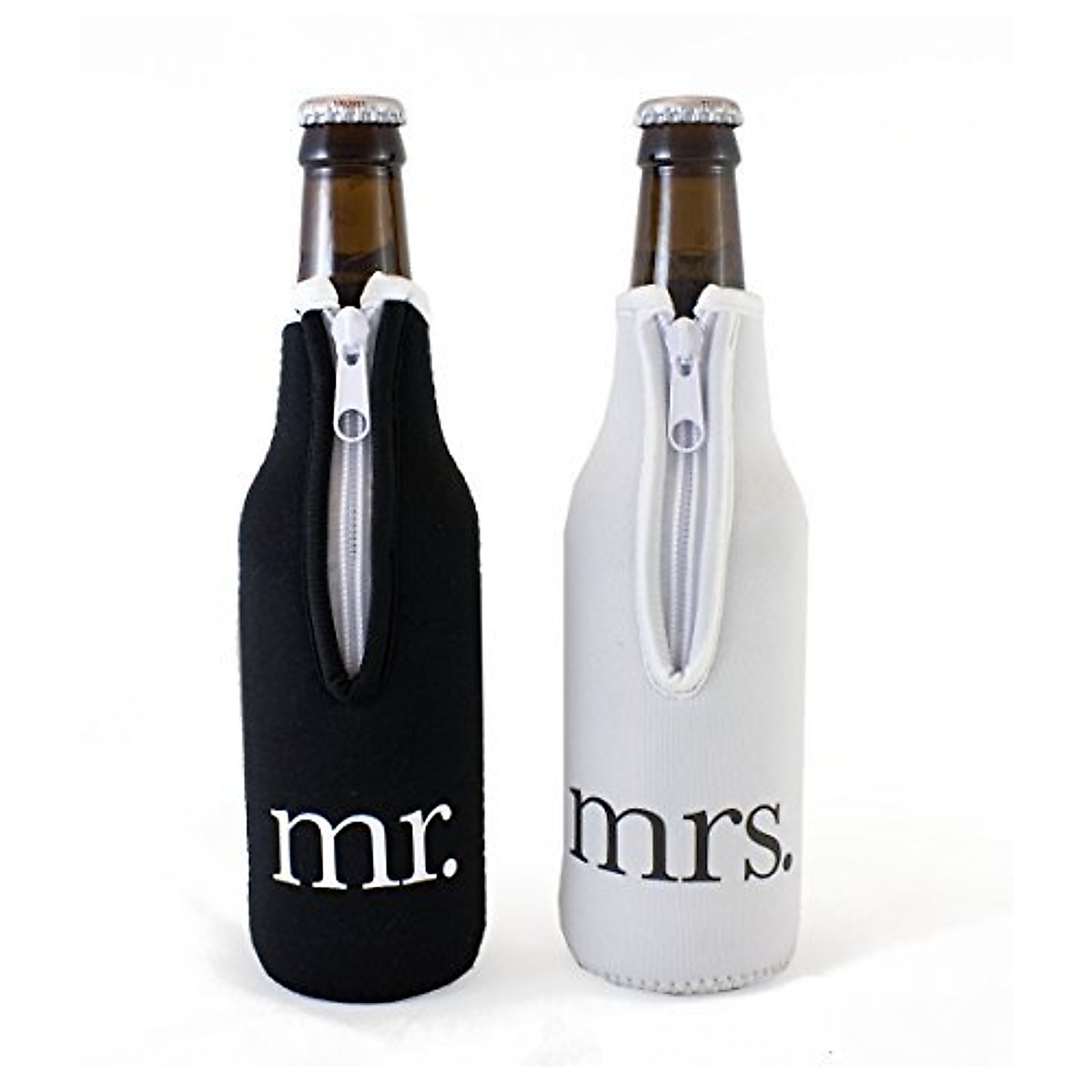 Bridal Shower Gift Mr and Mrs Wedding Beer Bottle Coolies - (Black and White) Set of 2