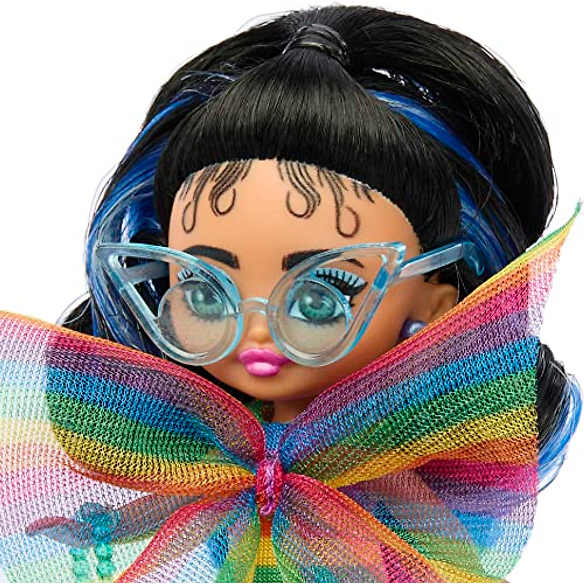 Barbie Extra Mini Minis with Blue-Streaked Black Ponytail Wearing Rainbow Dress & Accessories & Stand, 3.25-inch