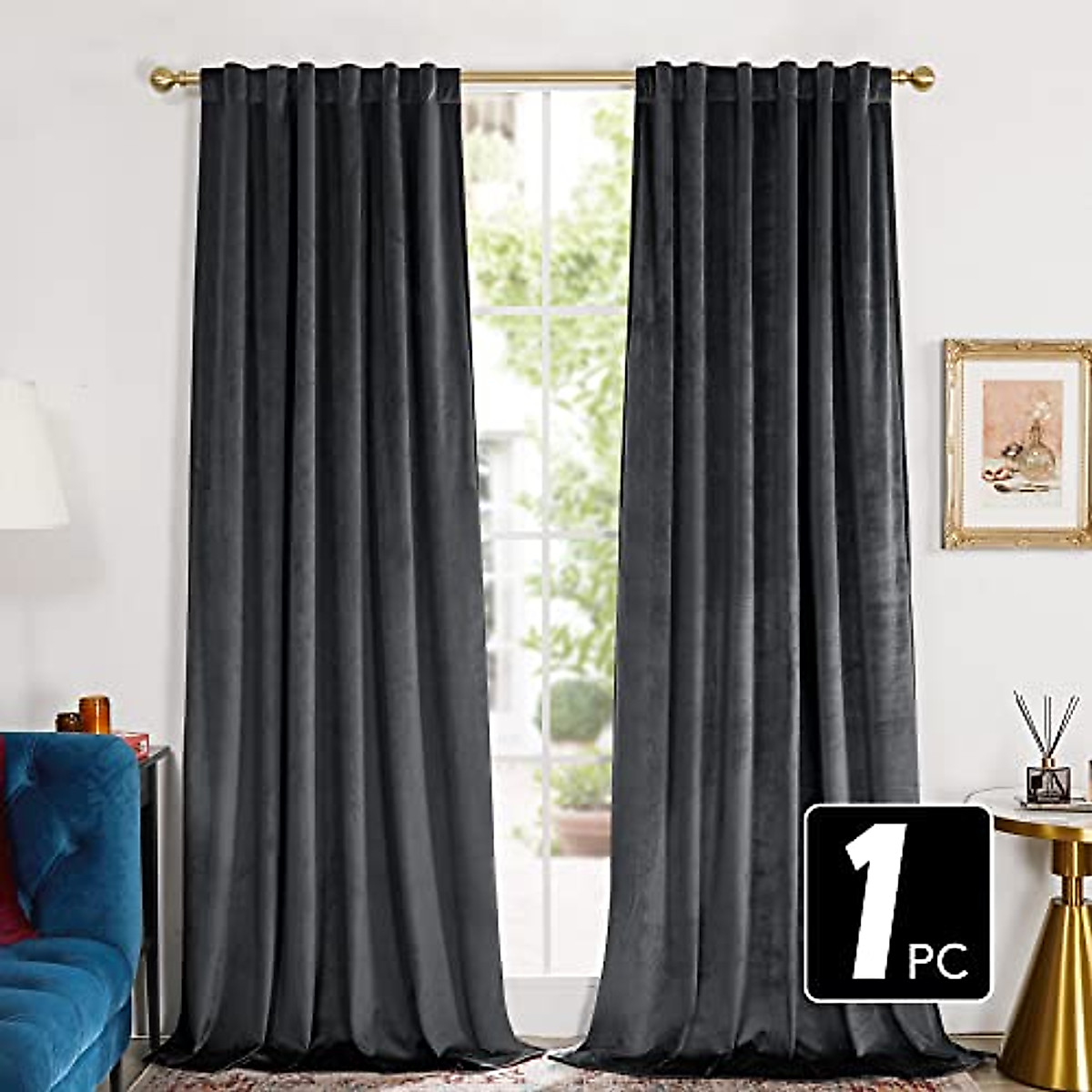 Deconovo Velvet Curtains 96 inches, 100% Blackout Curtain with Black Liner - 52x96 Inch, Luxury Curtains for Living Room, Rod Pocket and Back Tab Window Drape for Bedroom/Office, Dark Gray, 1 Panel
