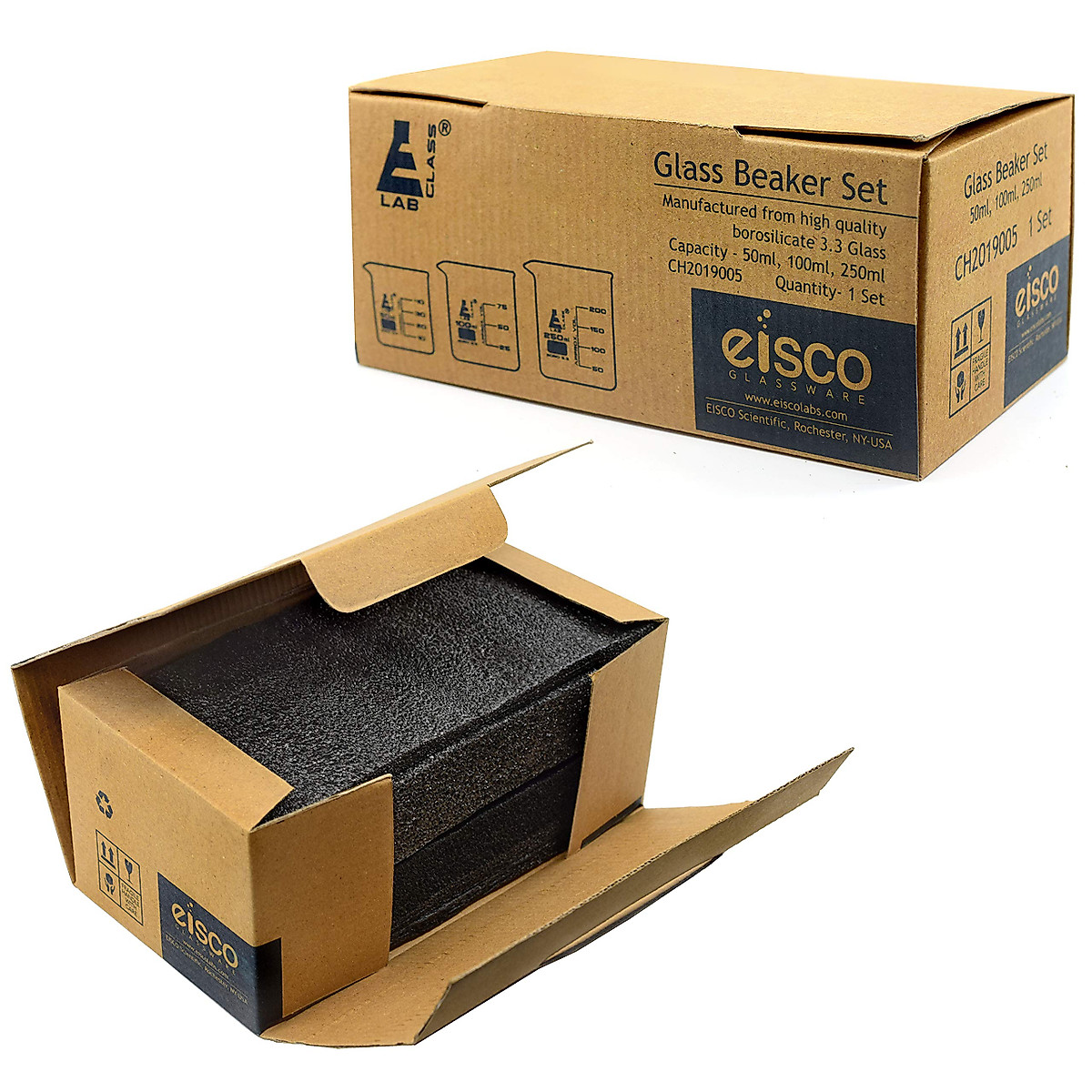 EISCO Premium 3pc Glass Beakers Set, 50mL, 100mL, 250mL - Low Form Lab Beakers - Borosilicate 3.3 Glass - Packaged in Thick, Custom-Fit Foam Insert