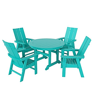WO Outdoor Adirondack Dining Chair Round Table 5 PCS Set Retro Aesthetic Curveback for Outside Restaurant Dining, Resort, Hotel, Home, Balcony, Terrace, Lawn, Pool, Deck, Garden (Turquoise)
