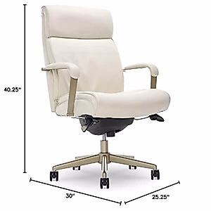 La-Z-Boy Melrose Executive Office, Adjustable High Back Ergonomic Computer Chair with Lumbar Support, Brass Finish, Ivory White Bonded Leather 30D x 25.25W x 40.25H Inch