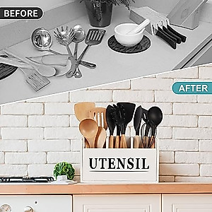 Large Rustic Kitchen Utensil Holder for Countertop, Farmhouse Wooden Utensil Holder for Kitchen Counter, 3 Compartment Rustic Cooking Utensil Holder, Kitchen Utensil Organizer Caddy for Home Decor